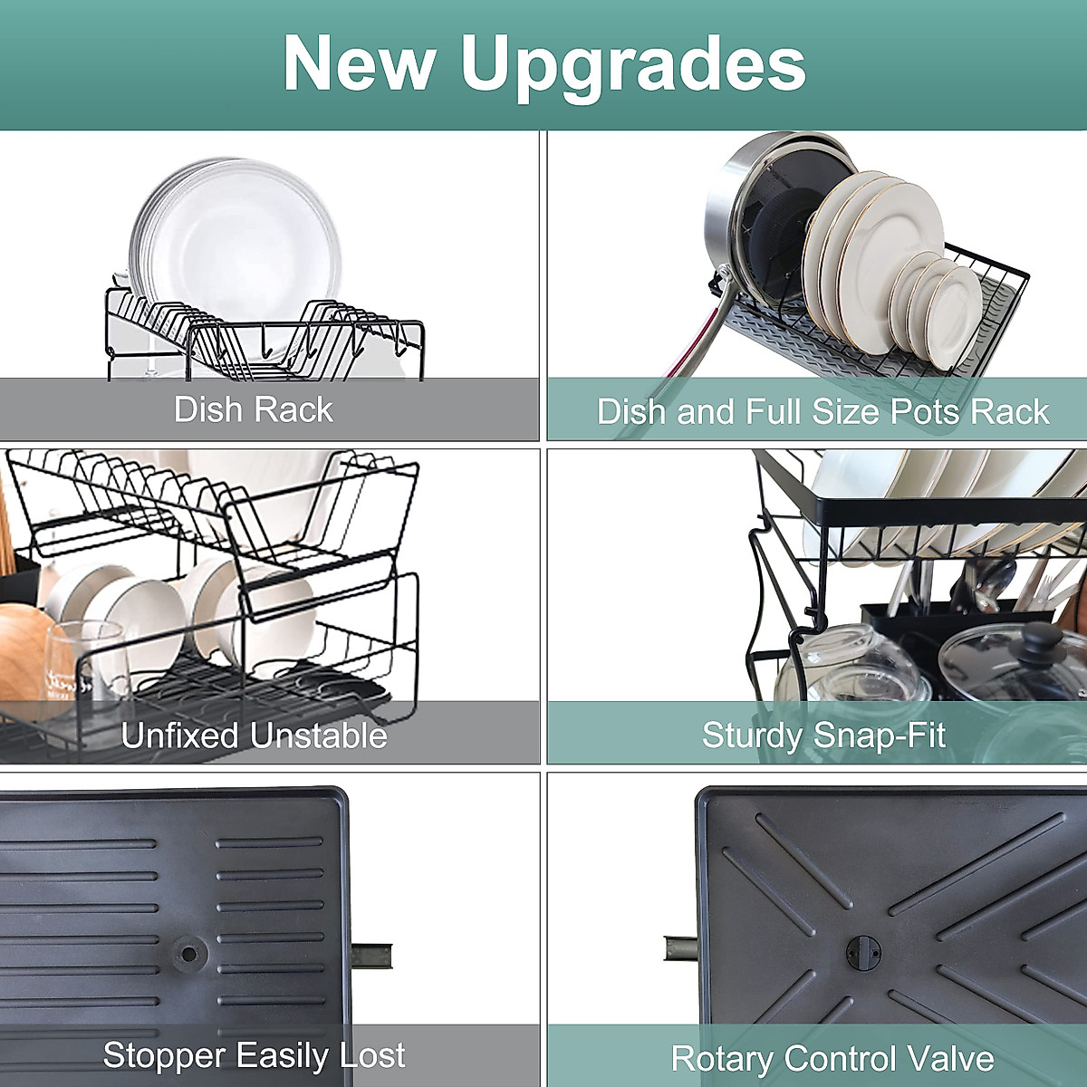 Vasysvi Dish Drying Rack with Drainboard for Kitchen Counter,2 Tier Dish Drainer Set with Utensils Holder，Large Capacity Stainless Steel Dish Racks Bonus with Drying Mat