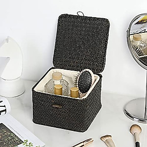 MyGift Black Seagrass Woven Small Storage Basket Organizer Box with Lid and Removable Fabric Liner