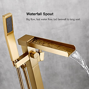BAGNOLUX Bathtub Faucet Tub Filler Floor Mount Bathroom Faucets Brass Single Handle with Hand Shower (Waterfall Style B, Brushed Brass)