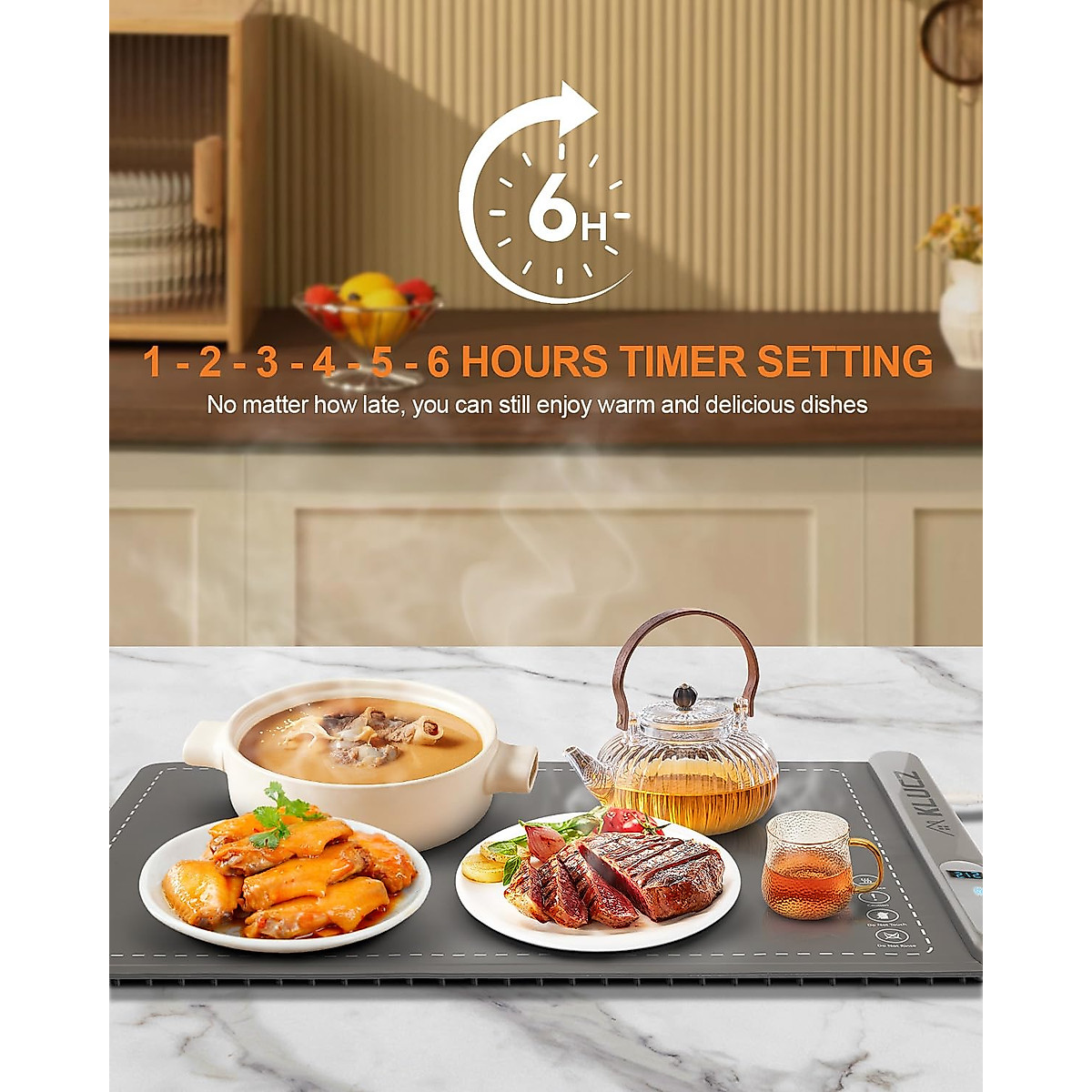 KLUCZ Electric Food Warming Mat Graphene Quickly Heating, 6 Adjustable Temperature and 6H Timer Function Warming Trays for Buffets Parties, Foldable Silicone Food Warmer Mat, Great Gift Choice