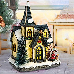 innodept12 Christmas Church Light House Snow Village with Figurines Choirs