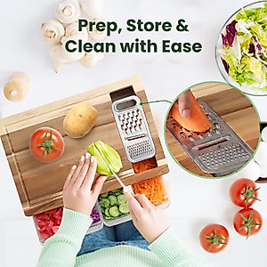 Acacia Wood Cutting Board with Containers & Lids, 3in1 Grater and bonus Bamboo Phone and Tablet Holder by SWILLT-Large Acacia Wood Chopping Board with 4 Storage Trays, Food Prep Cleanup, Juice Groove