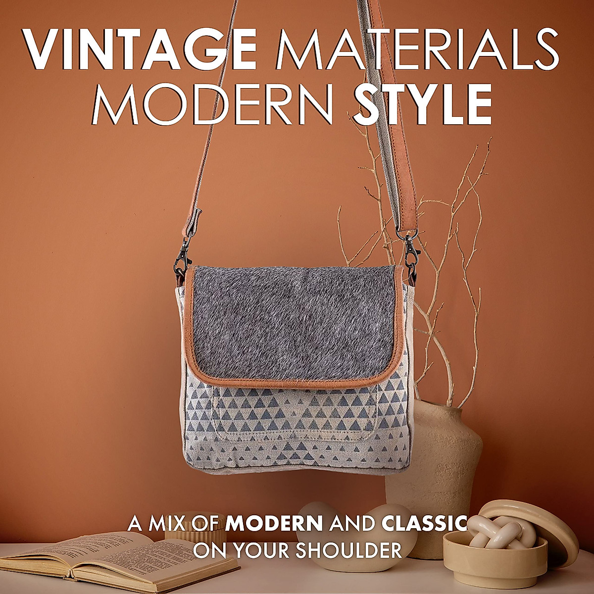 SIXTEASE Crossbody Bag for Women Vintage Style Genuine Leather, Upcycled Canvas, Rug, or Hair On - Cross Body Womens Bags with Inside Zipper Pockets - Triangular Fusion