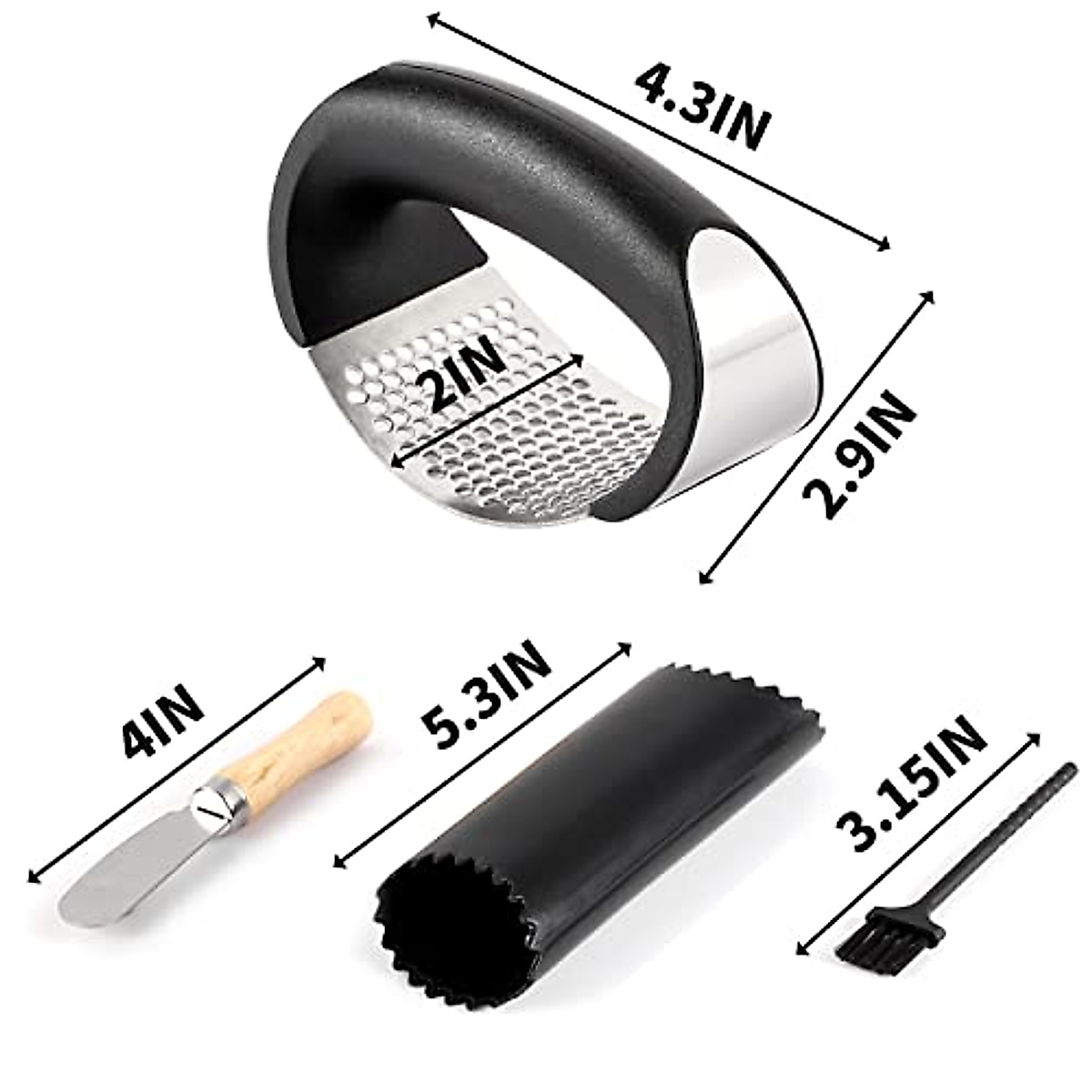 2 Pack Garlic Press Rocker, Stainless Steel Garlic Mincer with 2 Peelers, 2 Scrapers and 2 Brushes | Garlic Crusher Garlic Chopper for Smashing Garlic
