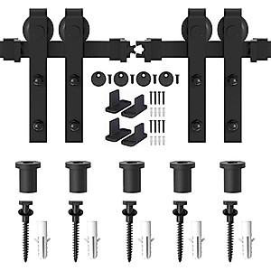 WINSOON 6FT Barn Door Hardware Kit: Double Sliding Door Hardware - Black Barn Door Track Kit - Carbon Steel Heavy Duty Door Rail - J-Shape Easy to Install for 36" Closet Panel(No Door)