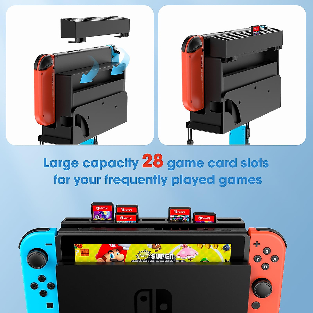 KUNSLCUK Wall Mount for Switch and Switch OLED, Metal Wall Mount Stand Accessories with 28 Game Cards Holder and 2 Joy-Con Hooks, Safely Mount your Switch on Wall Near TV (Black)