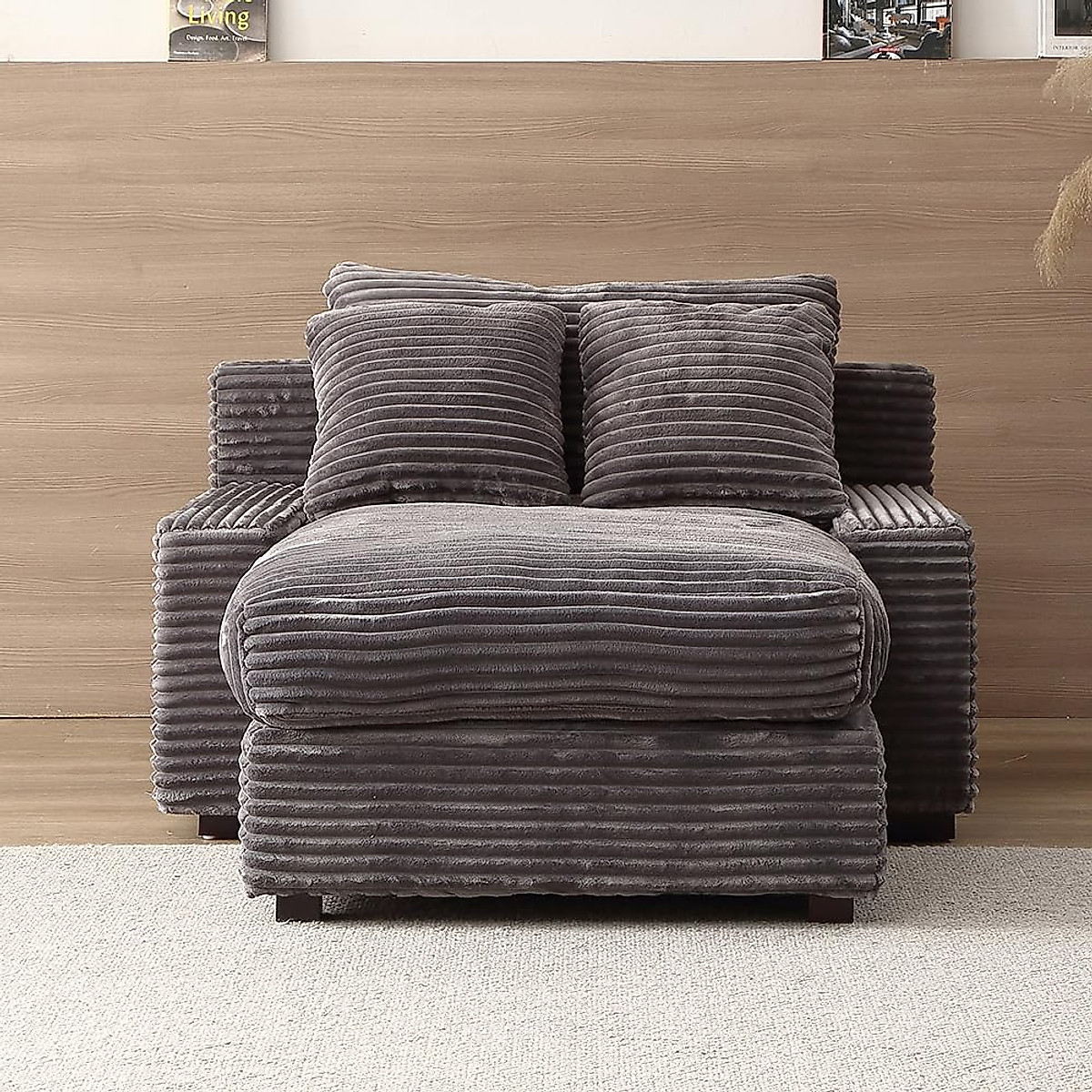 WILLIAMSPACE 48.8" Corduroy Lounge Sofa Chair Couch, Modern Upholstered Single Sleeper Sofa Bed with Pillows, Comfy Daybed for Living Room Bedroom (Gray)