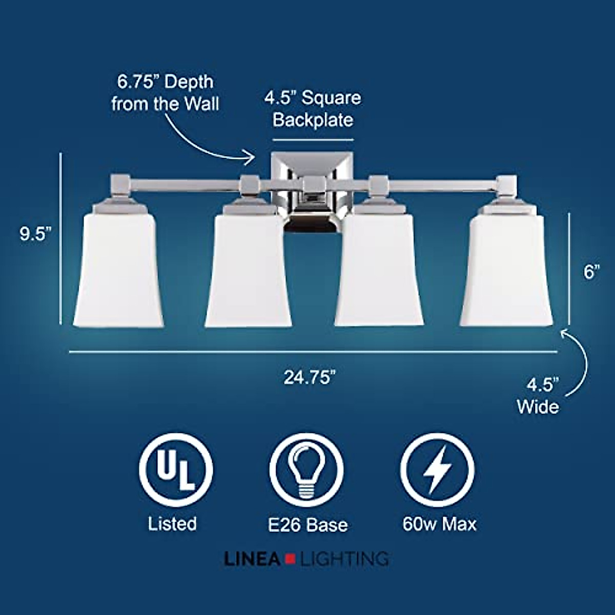 Linea di Liara Brighton 4 Light Bathroom Vanity Light Polished Chrome Bathroom Light Fixtures Over Mirror Modern Vanity Lighting Fixture with Frosted Glass Shade, UL Listed