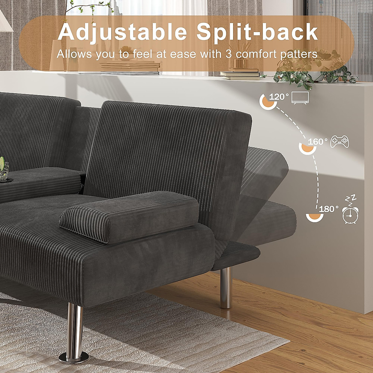 YESHOMY Futon Sofa Bed Corduroy Folding Couch with Removable Armrests, Metal Legs, 2 Cup Holders for Living Room, Grey