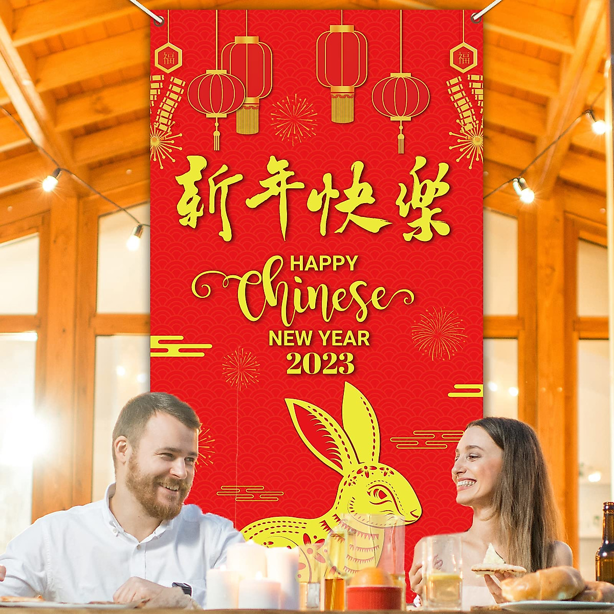 Chinese New Year Door Cover Happy 2023 Rabbit New Year Photography Backdrop Spring Festival Door Hanging Covers Outdoor Sign for Home Wall Indoor Outdoor Party Holiday New Year Eve
