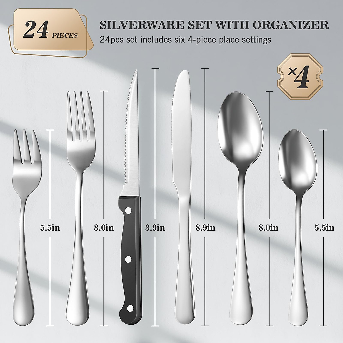 24-Piece Silverware Set with Organizer，Heavy Duty Stainless Steel Flatware Cutlery Tableware Set for 4，Includes 6-Compartment Silverware Tray with Cutlery Icons，Silverware Set with Steak Knives