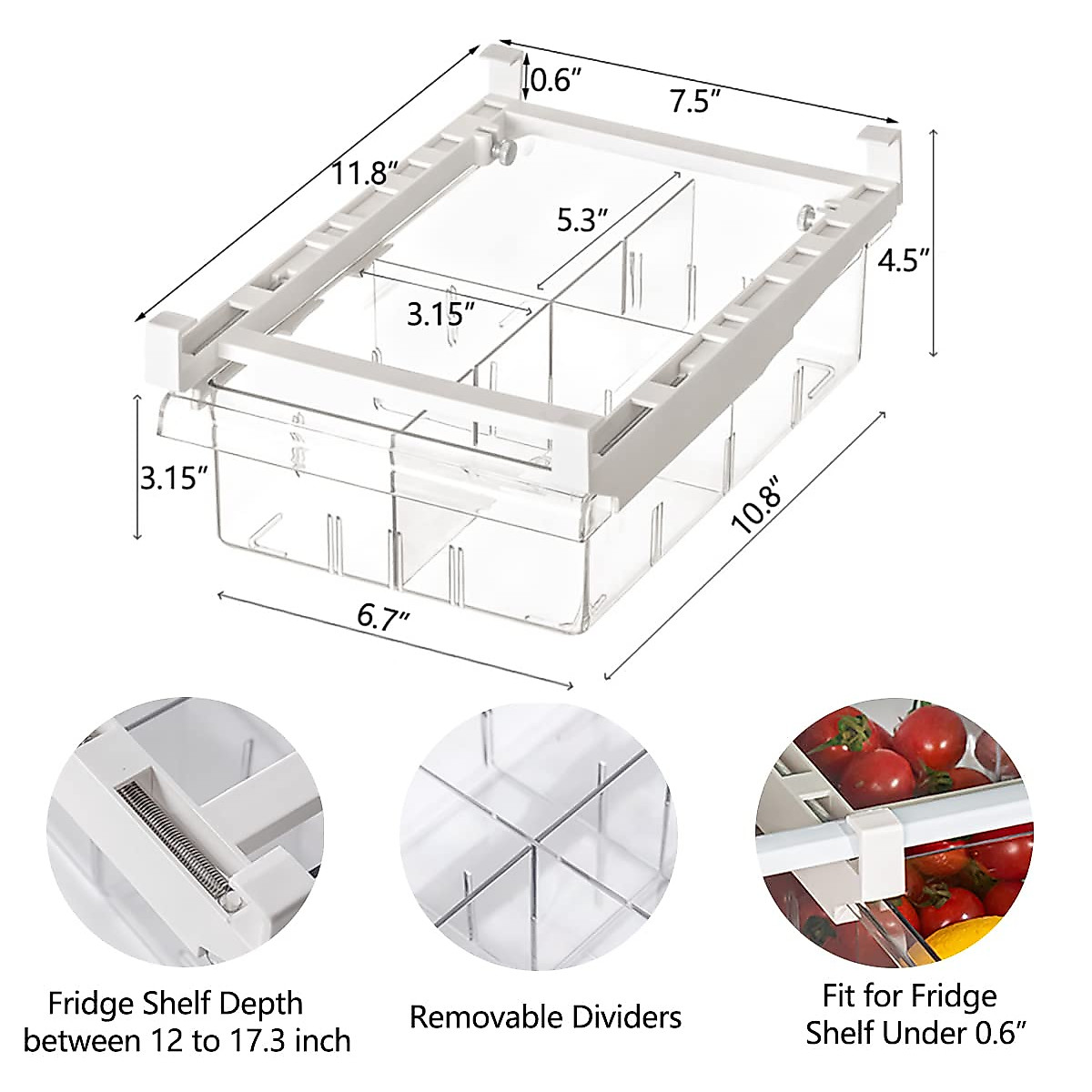 Cezoyx 2 Pack Fridge Drawer Organizer - Pull Out Refrigerator Organizer Bins with 2 Dividers, Fridge Shelf Holder Storage Box for Fruit, Vegetable, Food and Drinks, Fit for Fridge Shelf Under 0.6"