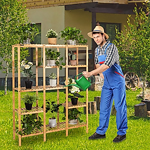 COSTWAY Plant Stand indoor, Bamboo Utility Shelf with Storage Organizer Pots, Wood Outdoor Tiered Plant Shelf for Multiple Plants, for Window, Garden, Balcony, Living Room