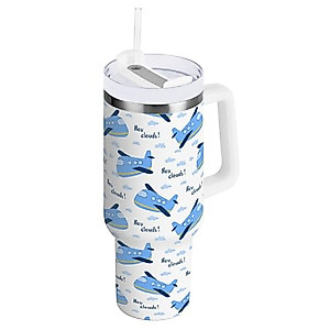 ARGTILDN 40 oz Tumbler Aircraft Airplane Blue Insulated Travel Mug with Handle and Straw Lid Stainless Steel Vacuum Coffee Cup Tea Beverage Container Water Bottles for Car Sports office