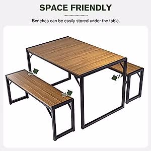 IMUsee 3-Piece 47.2" Dining Table Set for 4-6,Modern Rustic Kitchen Table with Metal Frame and Wood Board,Kitchen & Dining Room Table Set with Benches,Space-Saving Dinette for Small Space,Black&Walnut