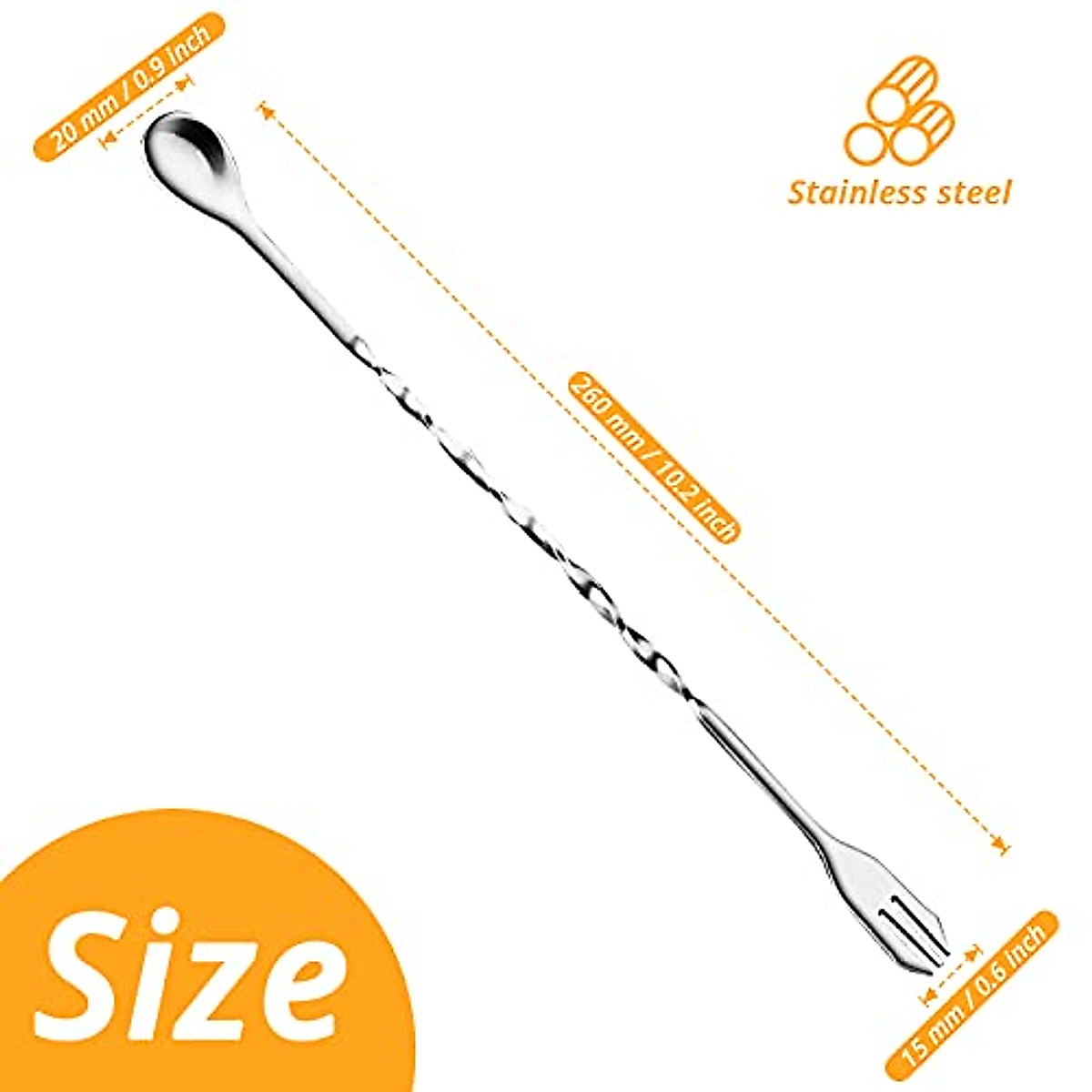 KUFUNG Cocktail Spoon Bar Stirring Spoon, Long Attractive Spiral Stainless Steel Small Strainer Mixing Spoon For Cocktails, Tea Herbs, Coffee & Drinks (Silver, L)