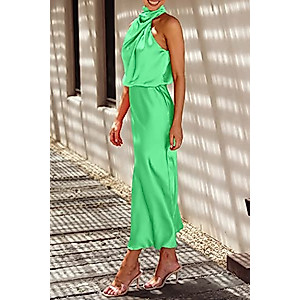 PRETTYGARDEN Women's 2023 Summer Satin Dress Elegant Sleeveless Mock Neck Cocktail Party Maxi Dresses (Grass Green,Small)