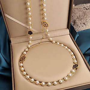 Designer Imitation Pearl Neckalce Camellia Flower Long Double Stranded Necklace Jewelry for Woman Pearl Jewellery