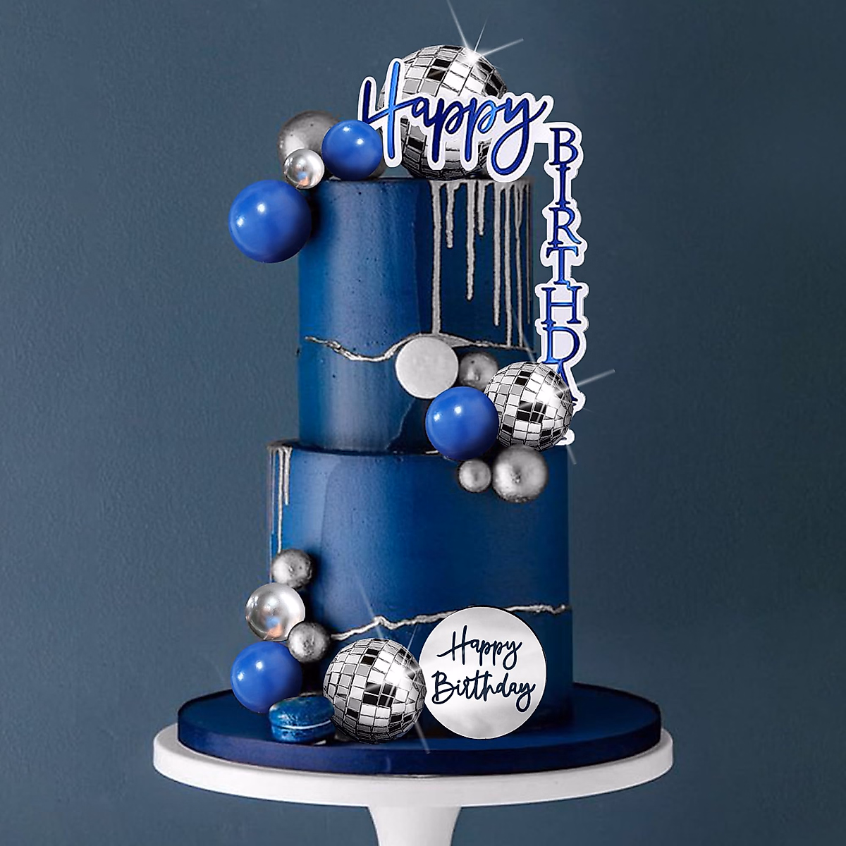 Man Cake Topper Blue Silver Disco Ball Cake Topper Boho Cake Topper Decorations for Navy Blue Boho Wedding Man Boy Birthday Party Baby Shower Supplies (Blue 02)
