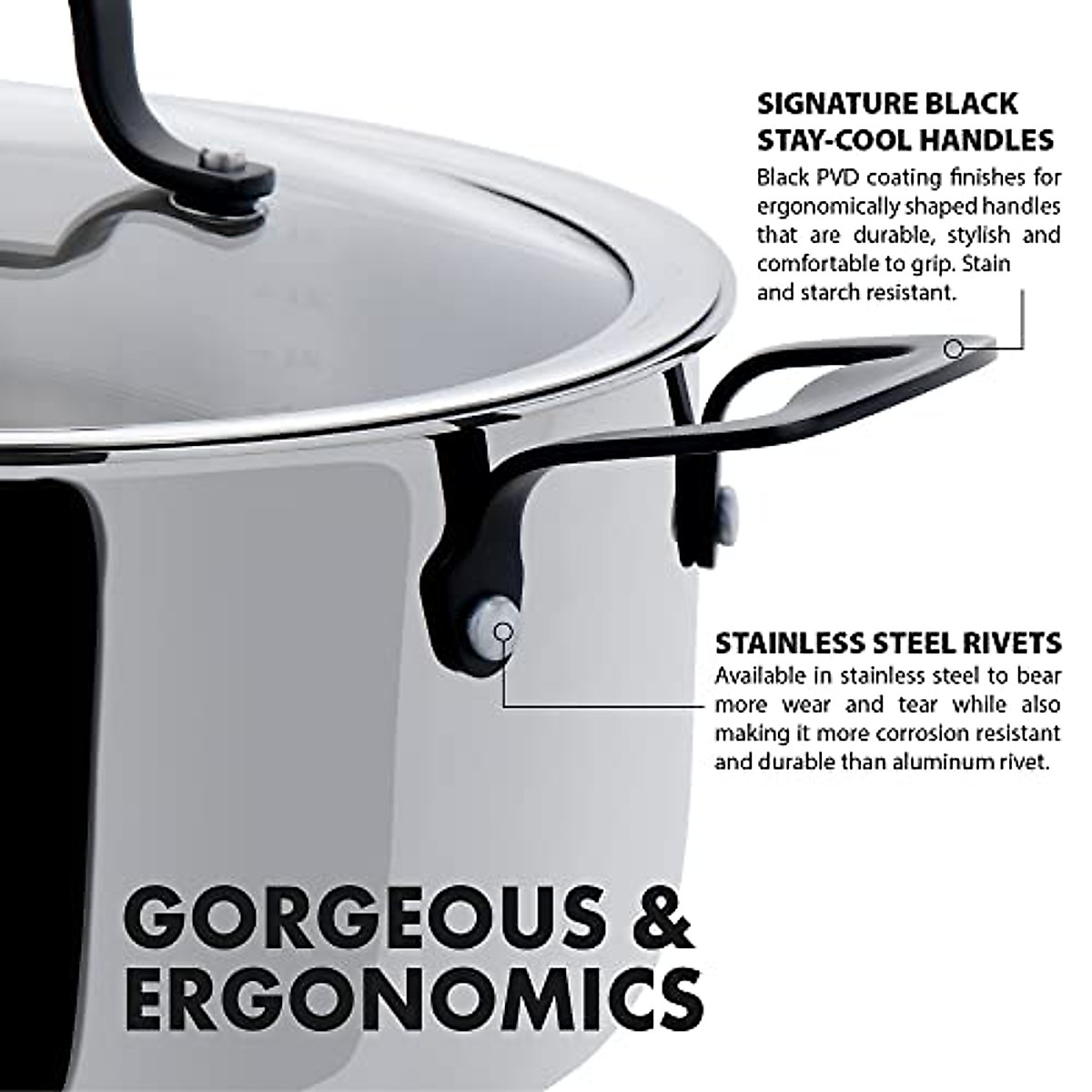 GrandTies Tri-Ply Stainless 3-Piece Induction Pots and Pans Set, Casserole Stockpot, Frying Pan, Kitchen Cooking Pot with Lid and Black Metal Handle, Dishwasher Safe Cookware