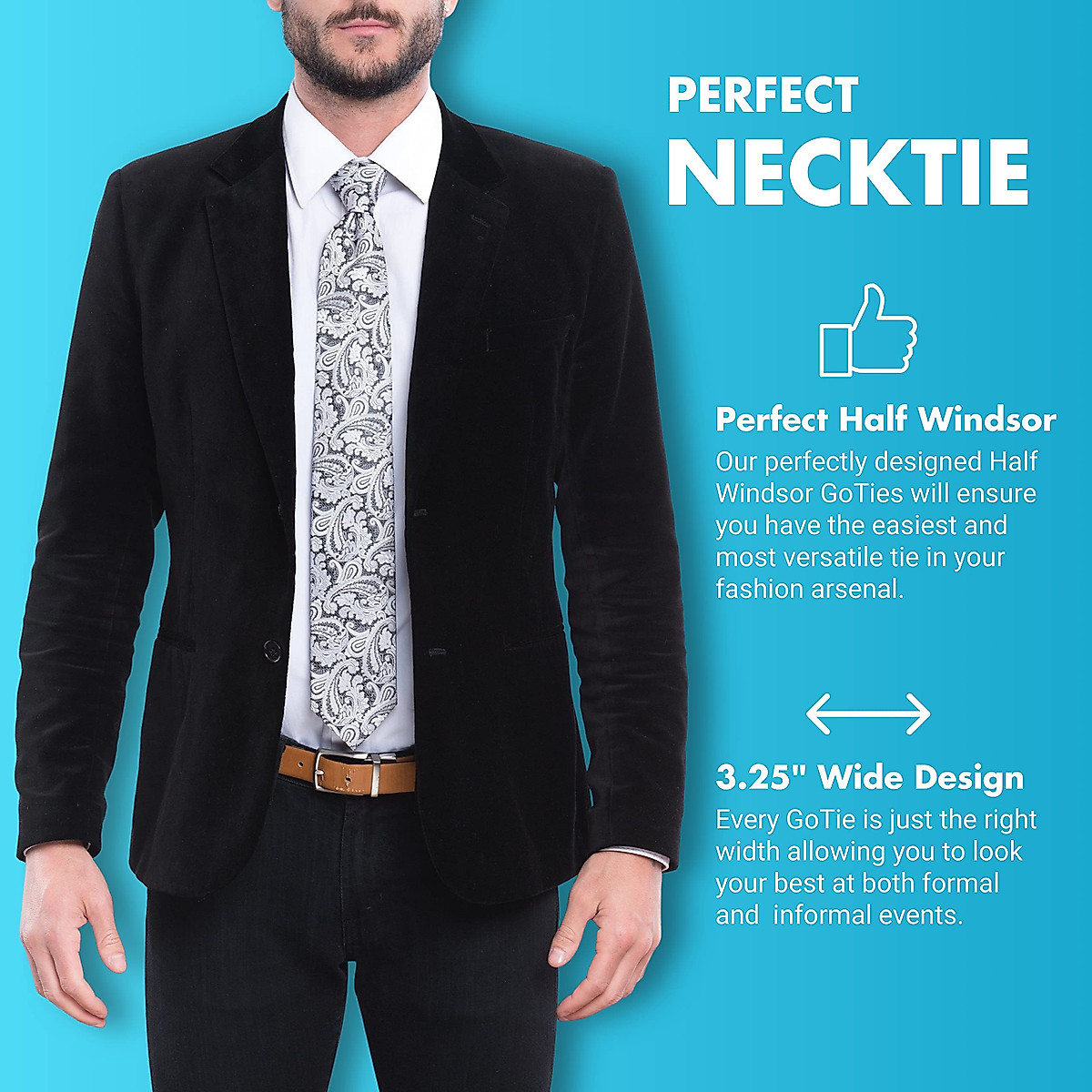 GoTie Paisley Neckties For Men - Ready to Wear - Pretied Adjustable Neckties - Silver Paisley Tie