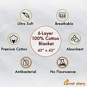 Carrot story 6 Layers 100% Cotton Premium Muslin Swaddle Blanket 43" X 43" Multipurpose Soft Toddler Blanket for Baby Shower (Smart Fox)