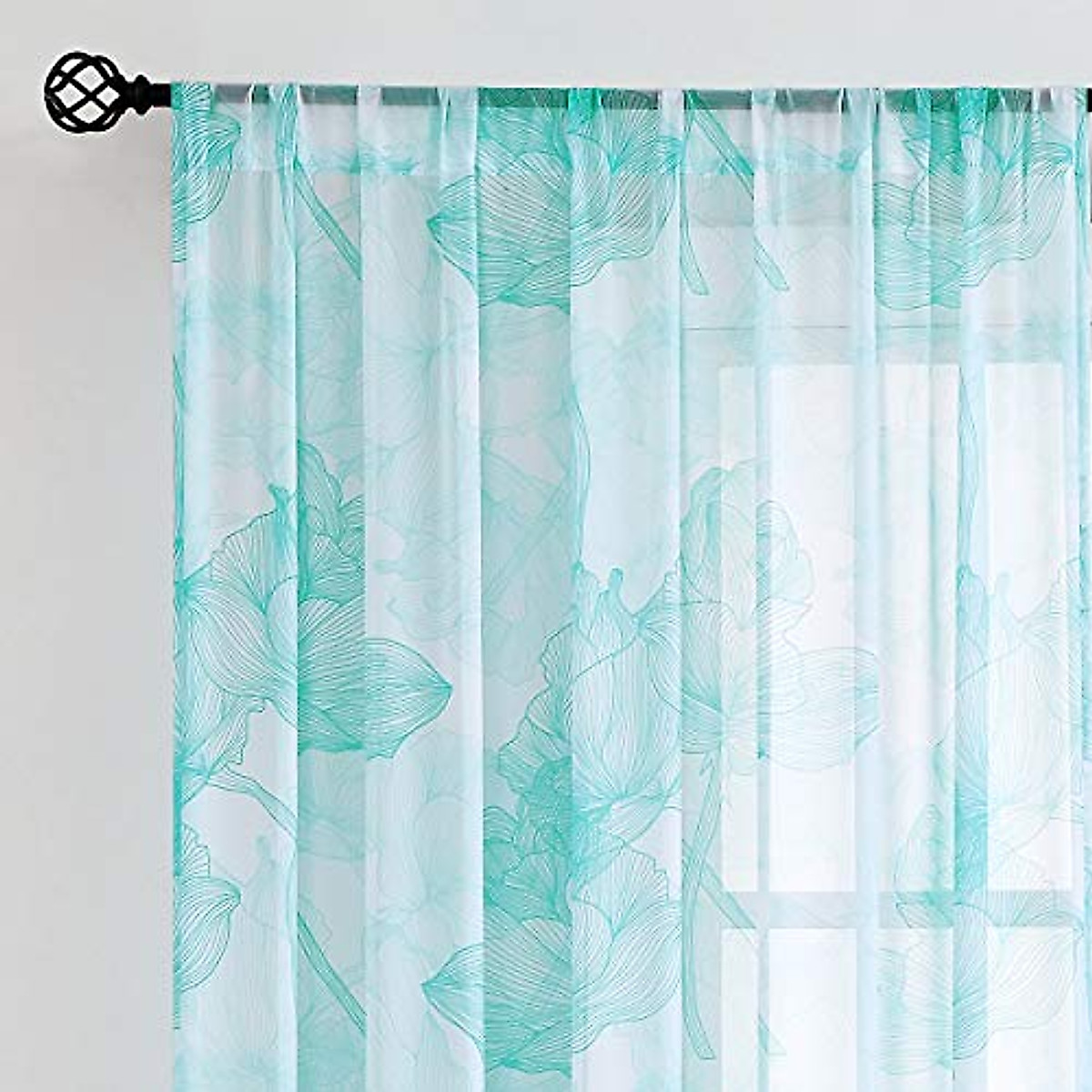 Treatmentex White Blue Print Sheer Window Curtains for Living Room Bedroom Floral Botanical 96 inches Long Soft Chiffon Drapes for Summer Semi Sheer Curtains 2 Panels Rod Pocket Aqua