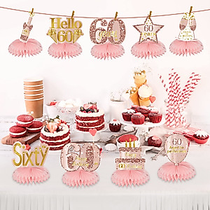 Turypaty Pink Rose Gold 60th Birthday Honeycomb Centerpieces Decorations for Women, 9Pcs Rose Gold Happy 60th Birthday Table Centerpieces Party Supplies, Sixty Year Old Birthday Table Toppers Decor