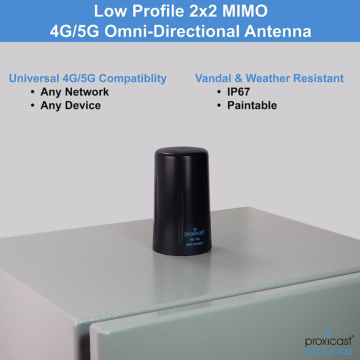 Proxicast Vandal Resistant 2x2 MIMO Low Profile 4G/5G Omni-Directional Screw Mount Antenna - 10 ft Coax Leads - for Cisco, Cradlepoint, Digi, Pepwave, Sierra Wireless and Others (ANT-121-M22)