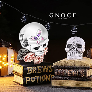 GNOCE Women's Sugar Skull Charm 925 Silver with Butterfly and Rose Gold Flowers Bracelets Charm for Women fit Bracelets Necklaces (Blooming)