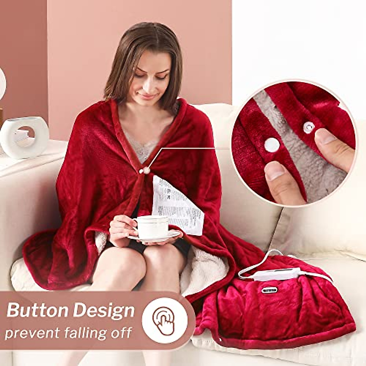 CORIWELL Heated Blanket Electric Throw - 50" x 60" Full Body Size Heating Blanket - 5 Heating Setting Soft Flannel Electric Blanket with 3 Hours Auto Shut Off, Machine Washable(Rose Red)