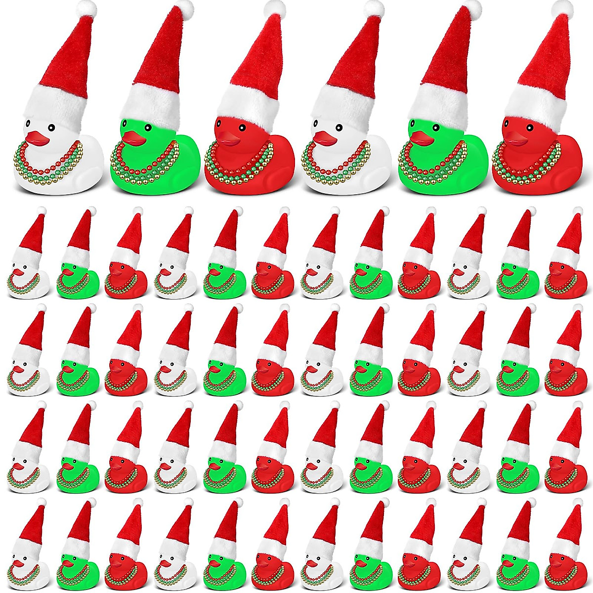 Sanwuta Christmas Rubber Ducks with Hats Bulk 2'' Xmas Duckies with Mini Santa Hat and Metal Chain Small Rubber Duck Bathtub Toys for Christmas Party Gift Kids Goodie Bag Filler(48 Set)