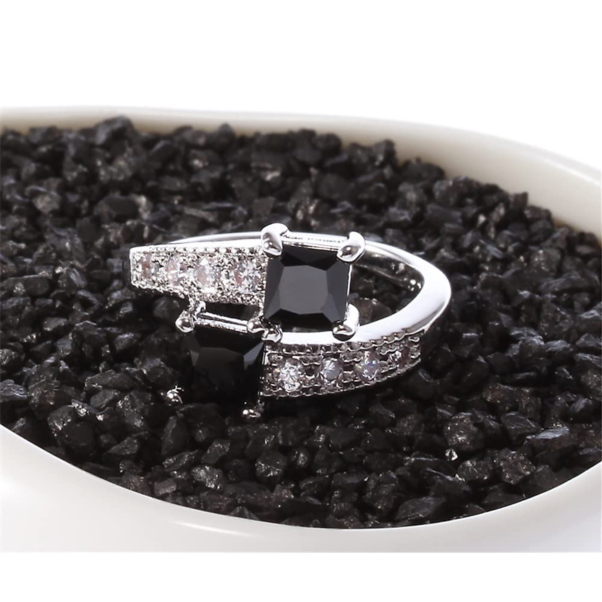 SUKKCCNO S925 Silver Women's Black Double-Head Zircon Ring AAA Cubic Zirconia Fashion Ring Simple Vintage Ring (Size 8)