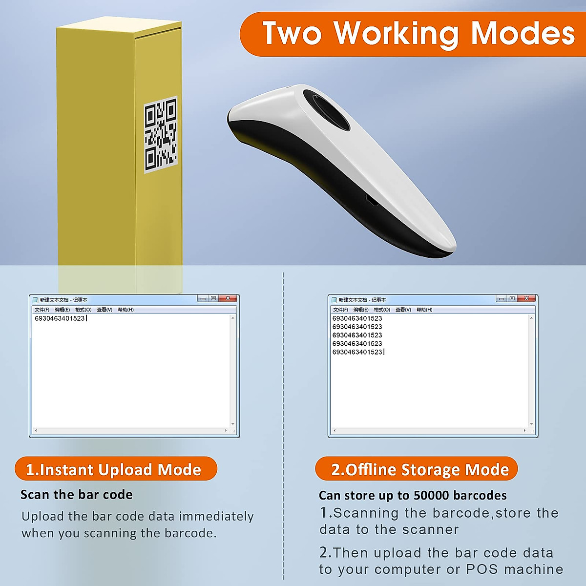 Alacrity 2D Barcode Scanner Wireless & Bluetooth & USB Wired Connection,Connect Smart Phone Tablet PC,QR Image Inventory Bar Code Scanner with Vibration Alert CO-R40BW