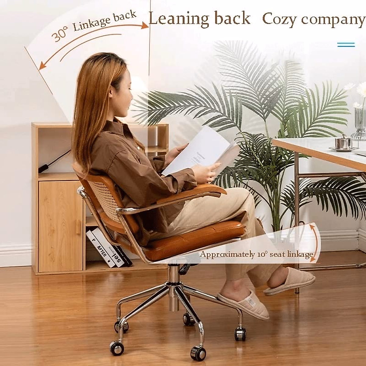 LUKEO Rattan Computer Chair Retro Rotating Chair Comfortable Study Desk Seat Breathable Armrest Office Furniture