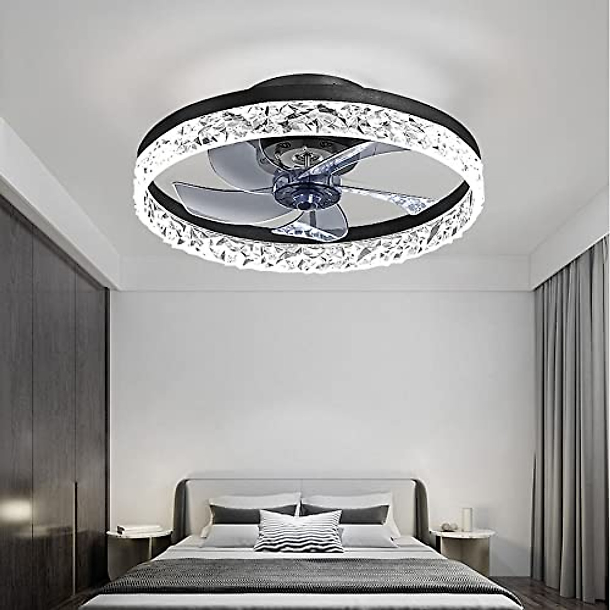 MORE CHANGE 20” Crystal Ceiling Fan with Light and Remote, Modern Enclosed Bladeless Fandelier Chandelier 3 Color Changes Flush Mount Low Profile Ceiling Fan for Living Dinning Room