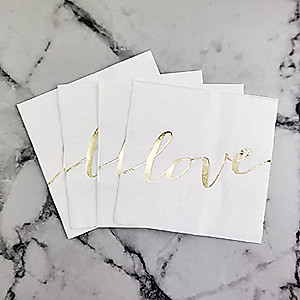 Dulousia White Luncheon Paper Napkins Stamped with Sparkle Gold Love - Folded 6.5 x 6.5inch for Wedding, Bridal/Baby Shower, Dinner Birthday Party (48Count)