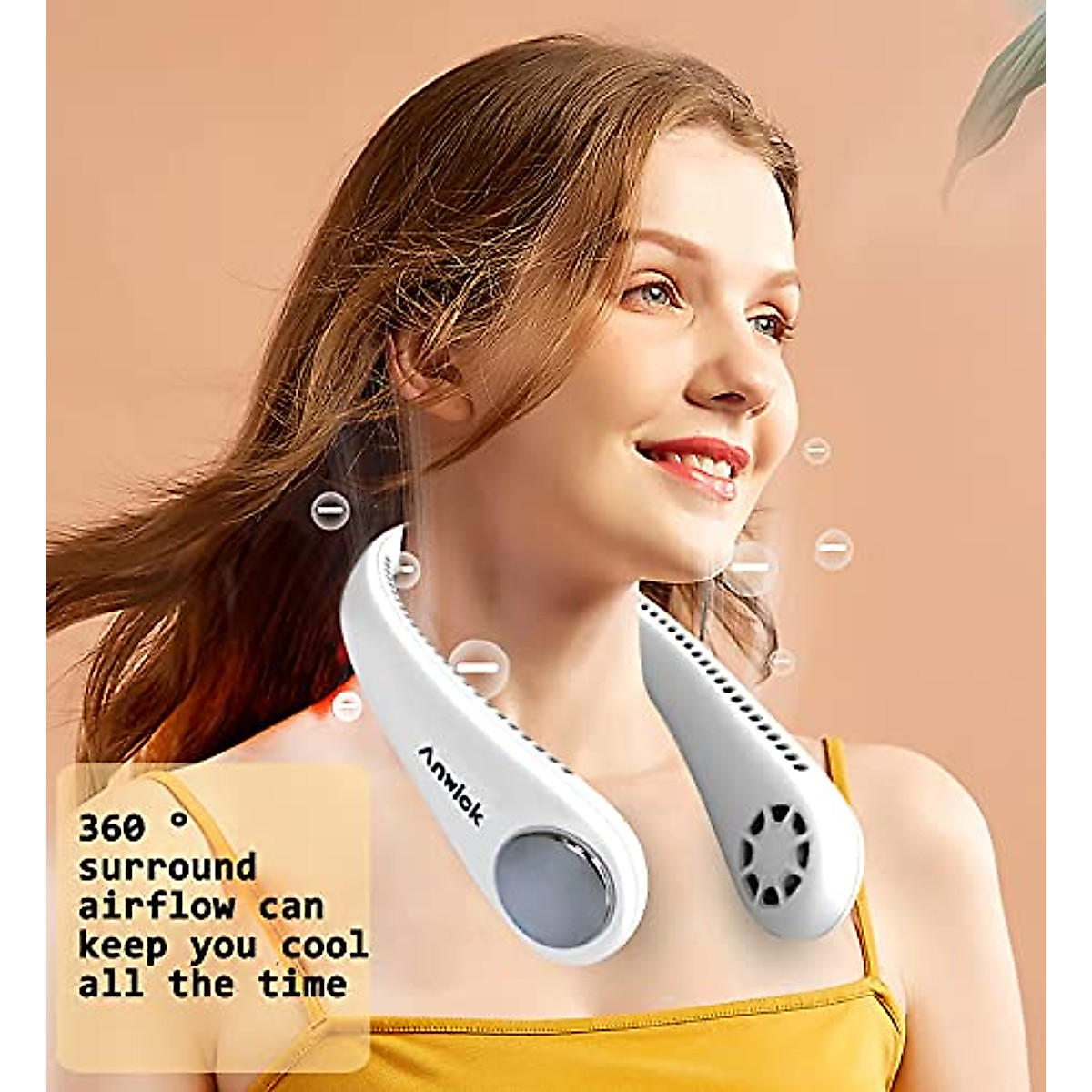 Anwick Portable Neck Fan, Hands Free Bladeless Personal Fan, 3 Speed Leafless Rechargeable USB Wearable Cooling Fan, 360° Cooling Hanging Fan, Women Men Office Travel