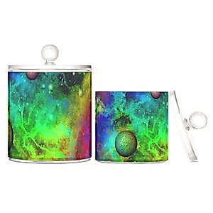 OTVEE Set of 2 Abstract Colorful Planet Universe Cotton Swab Holder Plastic Qtip Bathroom Container for Floss Apothecary Jar
