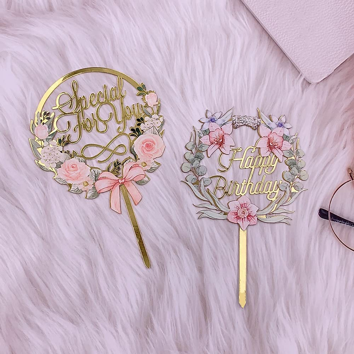 4pcs Gold Flower Acrylic Happy Birthday Cake Topper Cake Decoration Supplies