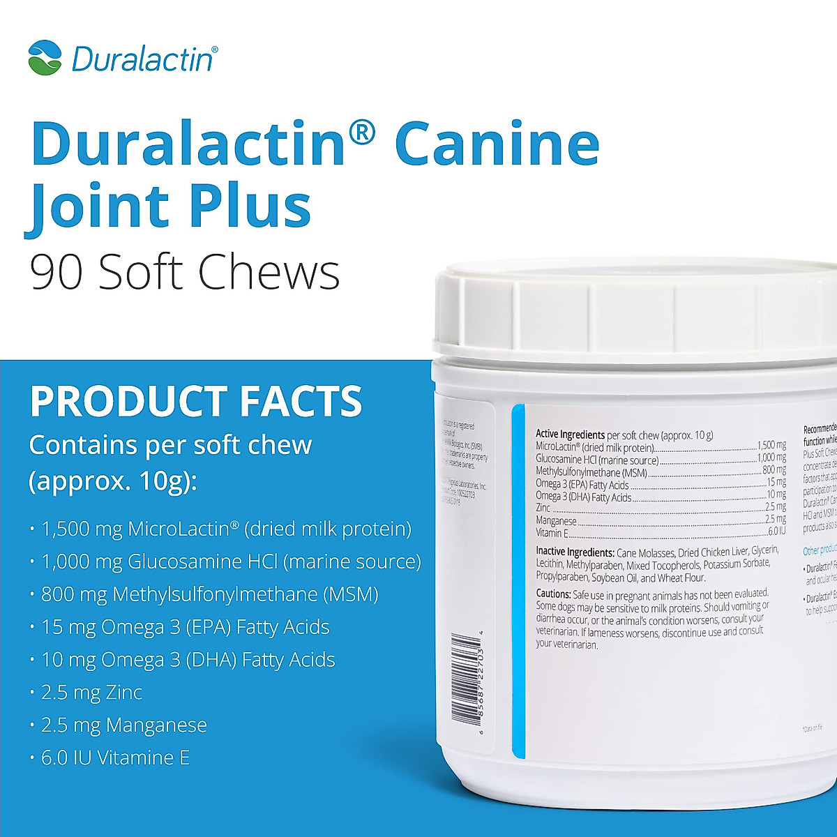 PRN Pharmacal Duralactin Canine Joint Plus - Joint Health Supplement for Dogs & Puppies to Support Healthy Cartilage Levels & Joint Function While Helping Manage Soreness - 90 Soft Chews