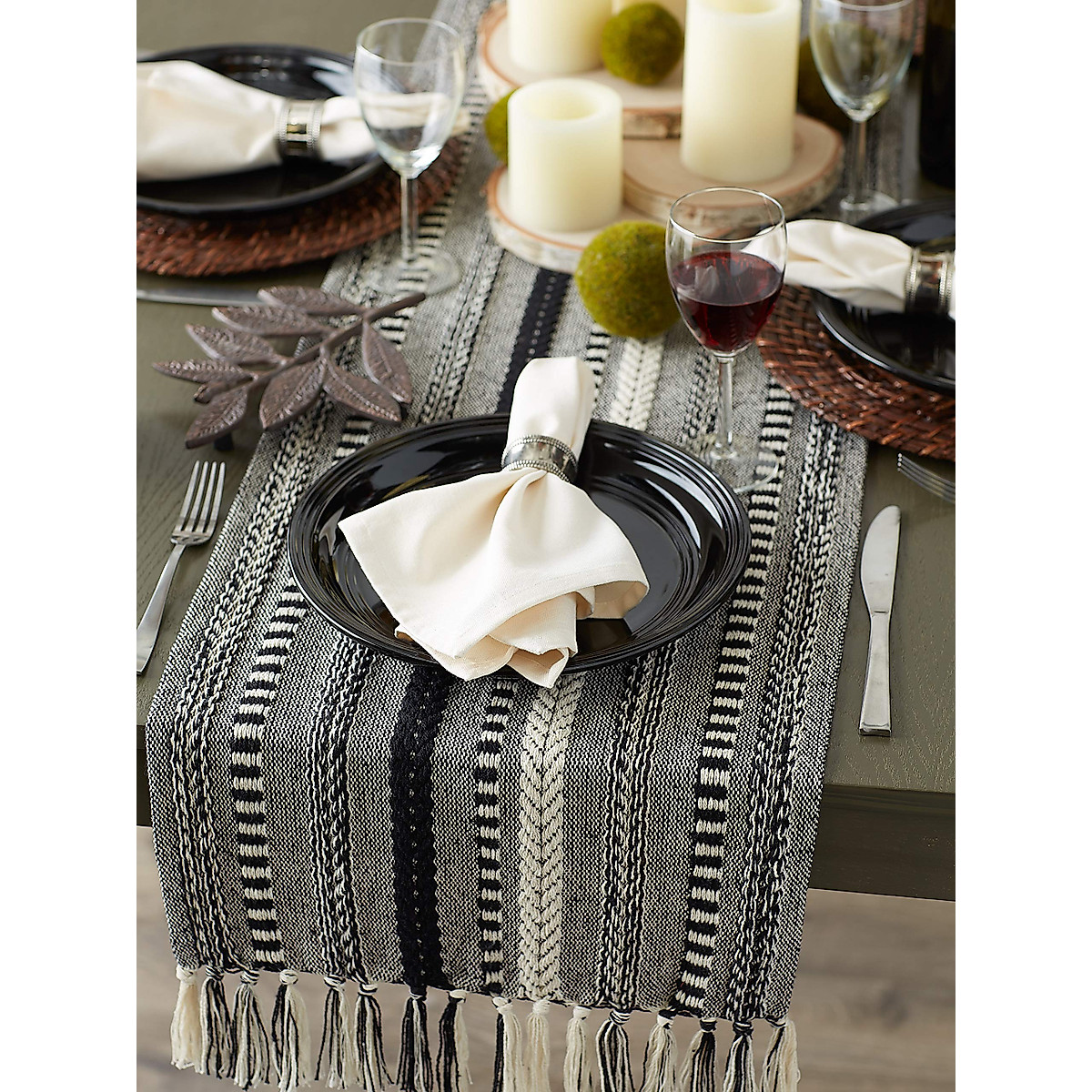 DII Farmhouse Braided Stripe Table Runner Collection, 15x72, Black