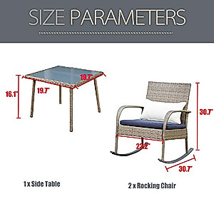 LOKATSE HOME 3 Pcs Outdoor Rattan Conversation Furniture Patio Bistro Wicker Set Modern Rocking Chair with Cushion & Coffee Table, Beige