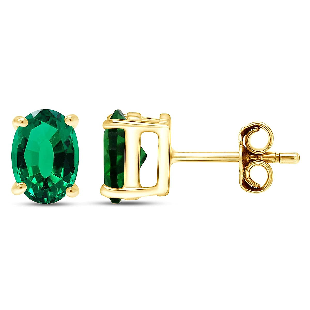 Simulated Green Emerald Oval Shape Stud Earrings In 14K Yellow Gold Over Sterling Silver (2.5 Ct)