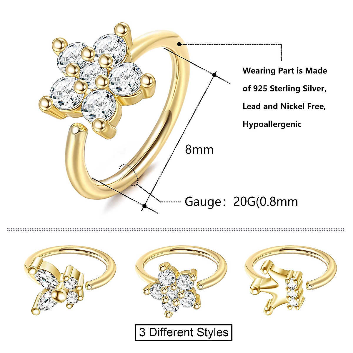 Drperfect 3Pcs 925 Sterling Silver Pin Nose Ring Hoop Paved CZ Flower Butterfly Crown Cartilage Earring for Women Men Ear Piercing Nose Piercing Hoop Body Piercing Jewelry