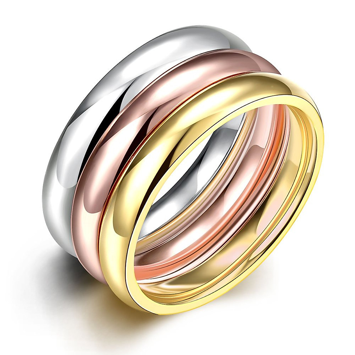 JAJAFOOK Women's 3mm Plain Band Stackable Ring Tri-Colors Stainless Steel Stack Band Rings Set(Pack 3,3mm Size 7)