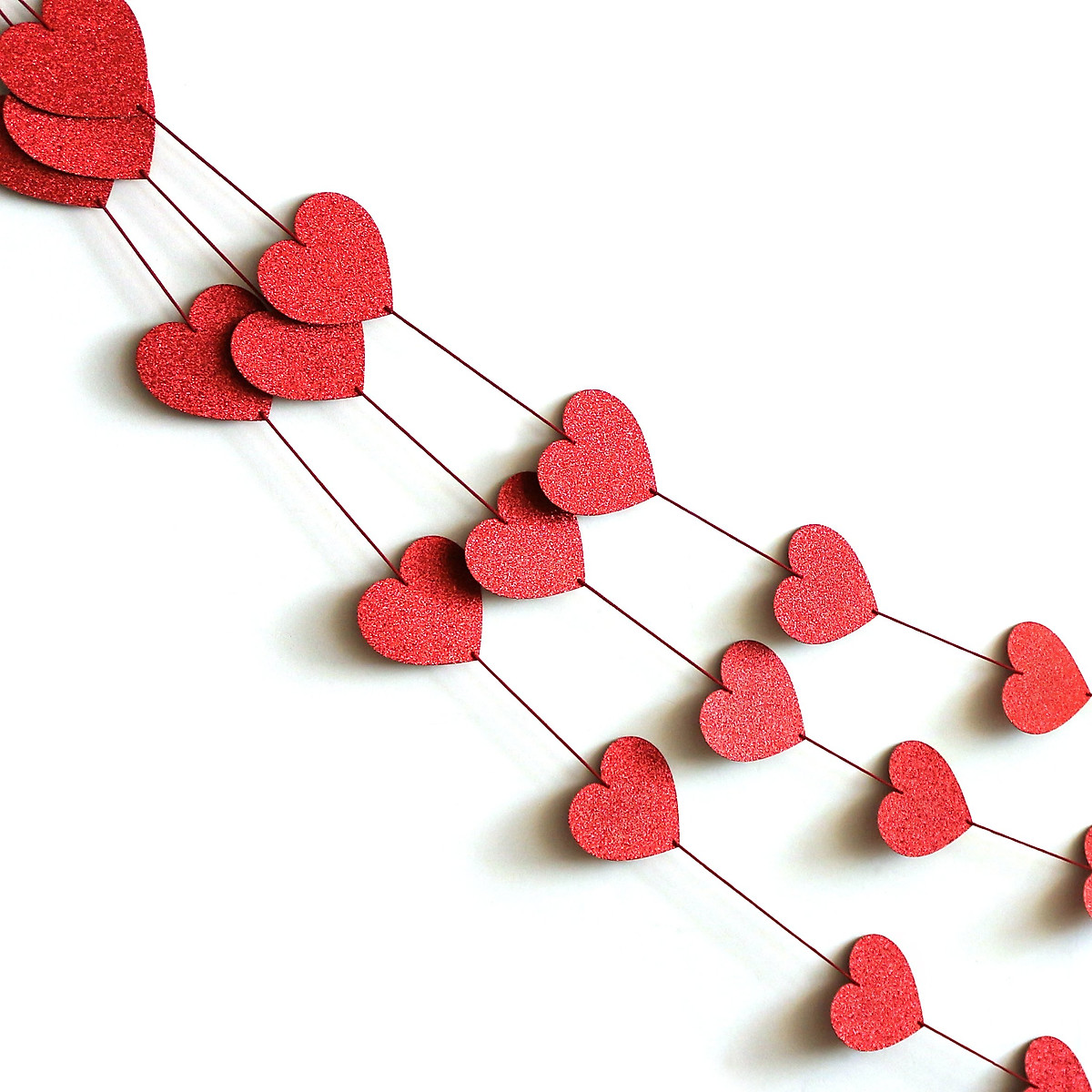 CVHOMEDECO. Glittered Paper Heart Shape String Garland Hanging Décor for Wedding Birthday Party Festival Home Background Decorative, 8.2 feet, Pack of 2 PCS (Red)
