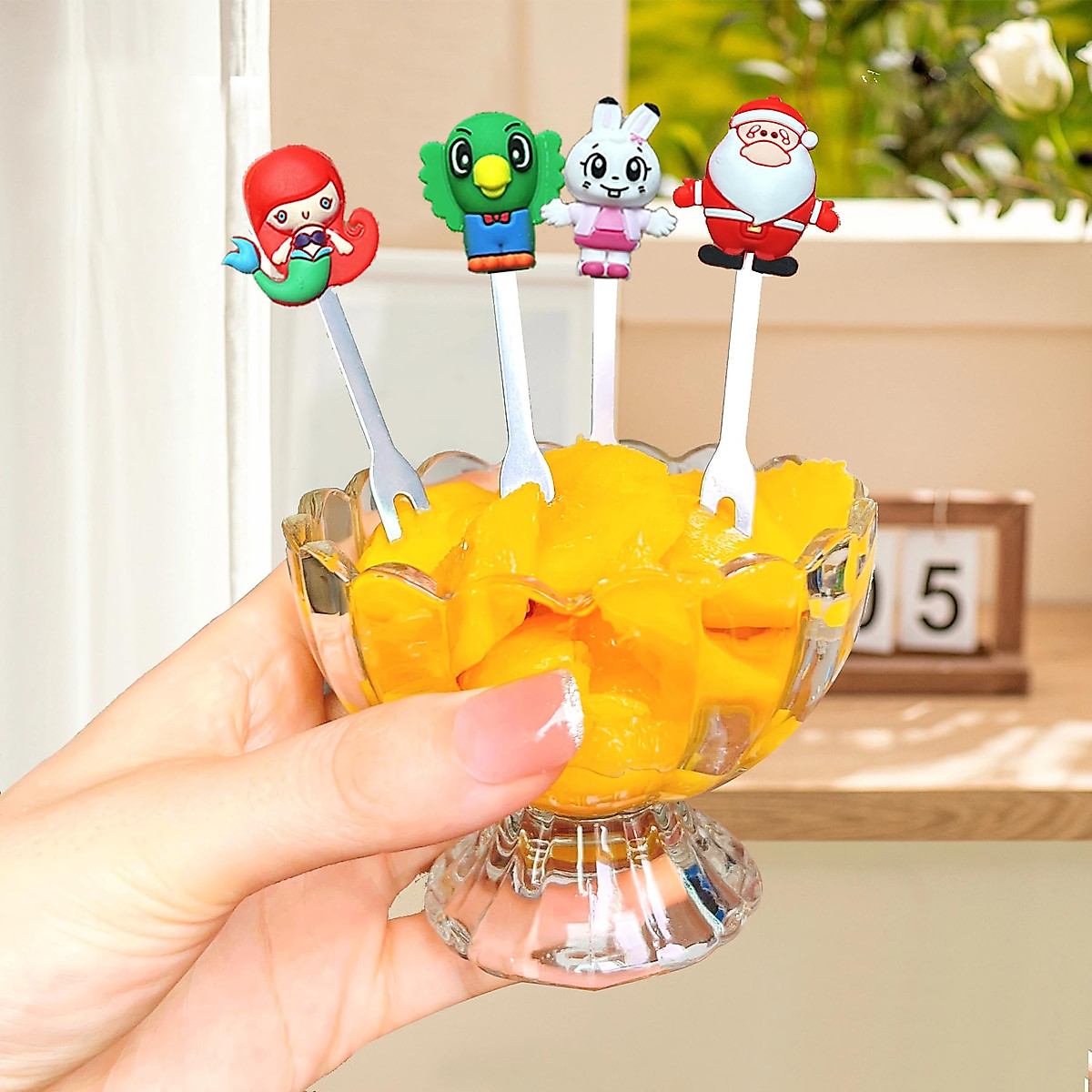 SXunacou Fruit Fork, Fun Cute Cartoon with Ceramic Storage Box Holder Stainless Steel Food Pick Forks for Home Household (A)