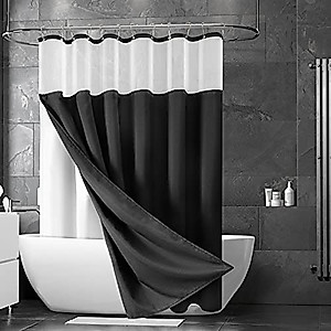 Black Shower Curtain with Snap in Liner Set, Polyester Shower Curtains for Bathroom,Waterproof Shower Curtain with 12 Hooks, Machine Washable, Heavyweight Fabric & Mesh Top Window 72 X 72 Inches