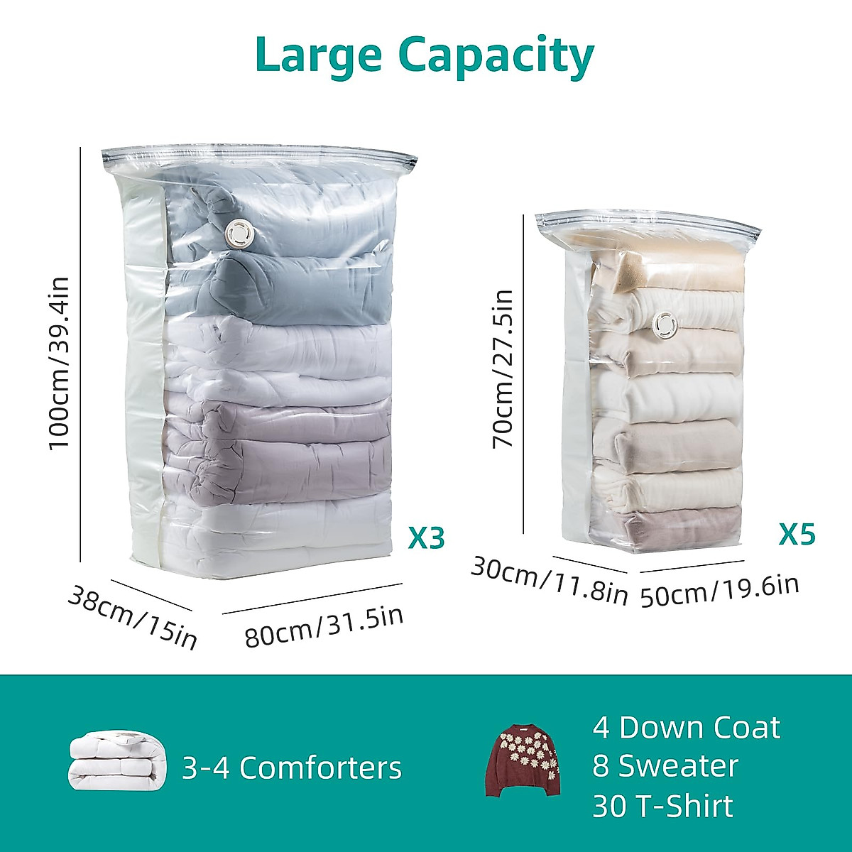 CLEVHOM Cube Vacuum Storage Bags for Comforters and Blankets, 8 Pack Vacuum Seal Bags for Beddings, Jumbo Space Saver Bags for Clothes (5 Medium, 3 Large)
